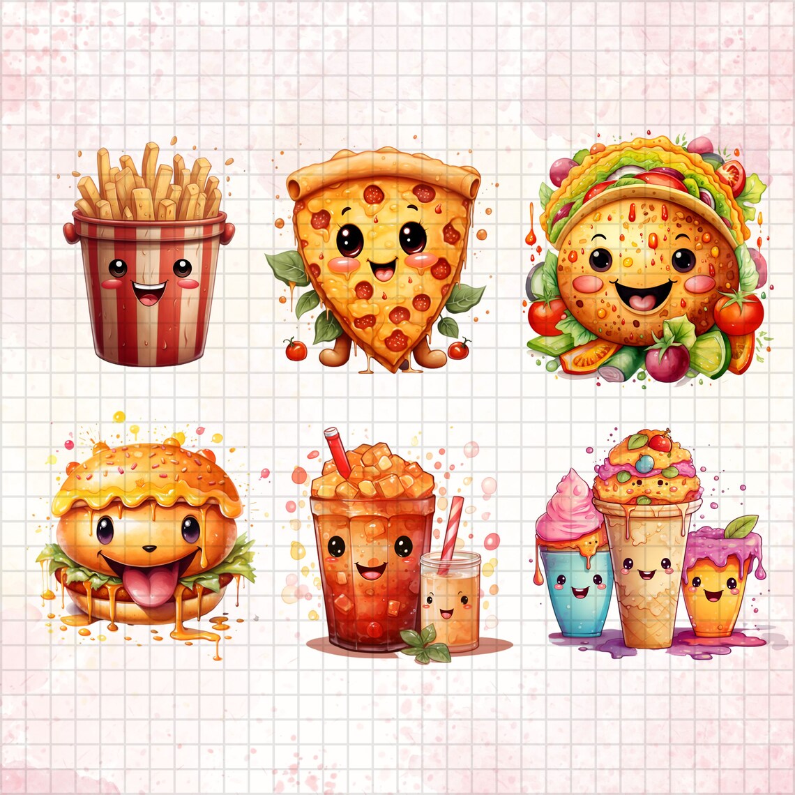 Kawaii Fast Food Clipart Watercolor Kawaii Food Clipart Set - Etsy