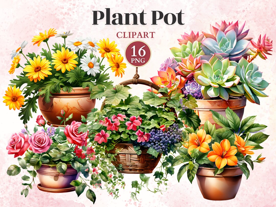 Plant Pot Clipart, Garden Graphics, Flower Vector, Flower Pot Printable ...