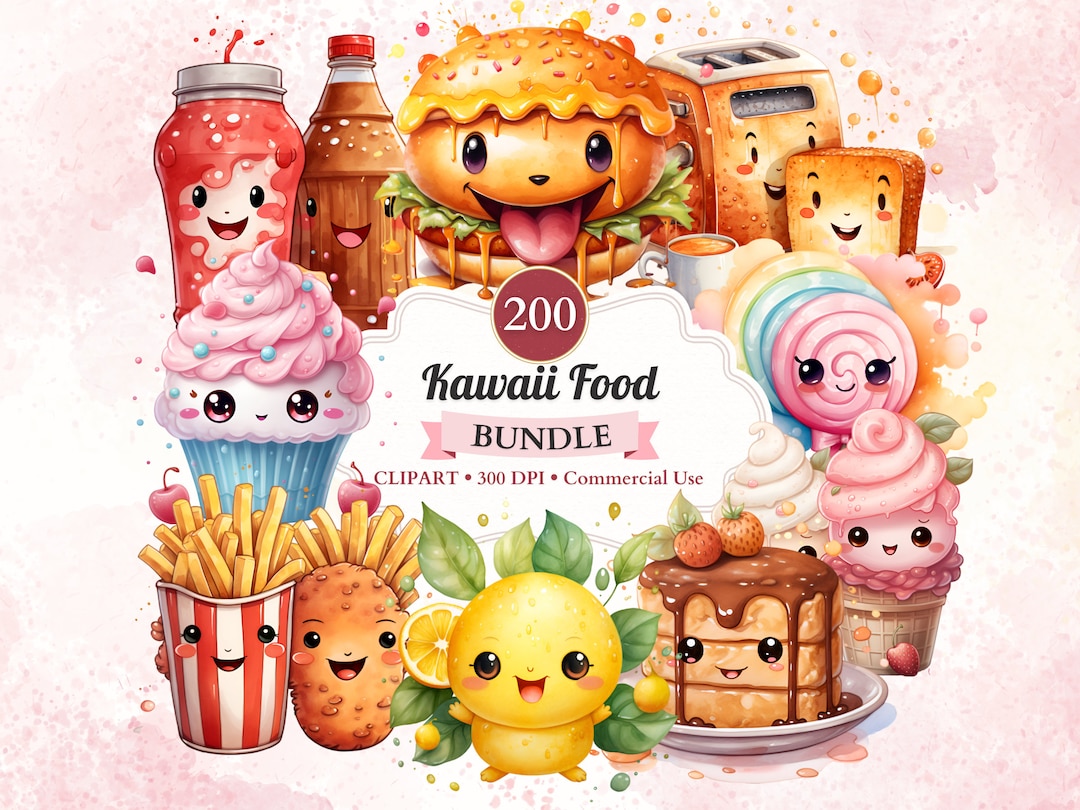 Kawaii Food Clipart Bundle, Watercolor, Cute Food, Couple, Sweets ...