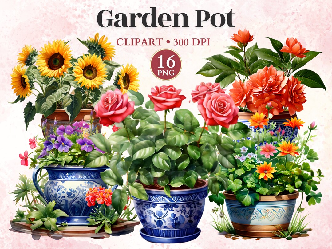 Garden Pot Clipart, Pottery Clipart, Flower Field Print, Flower Vector ...
