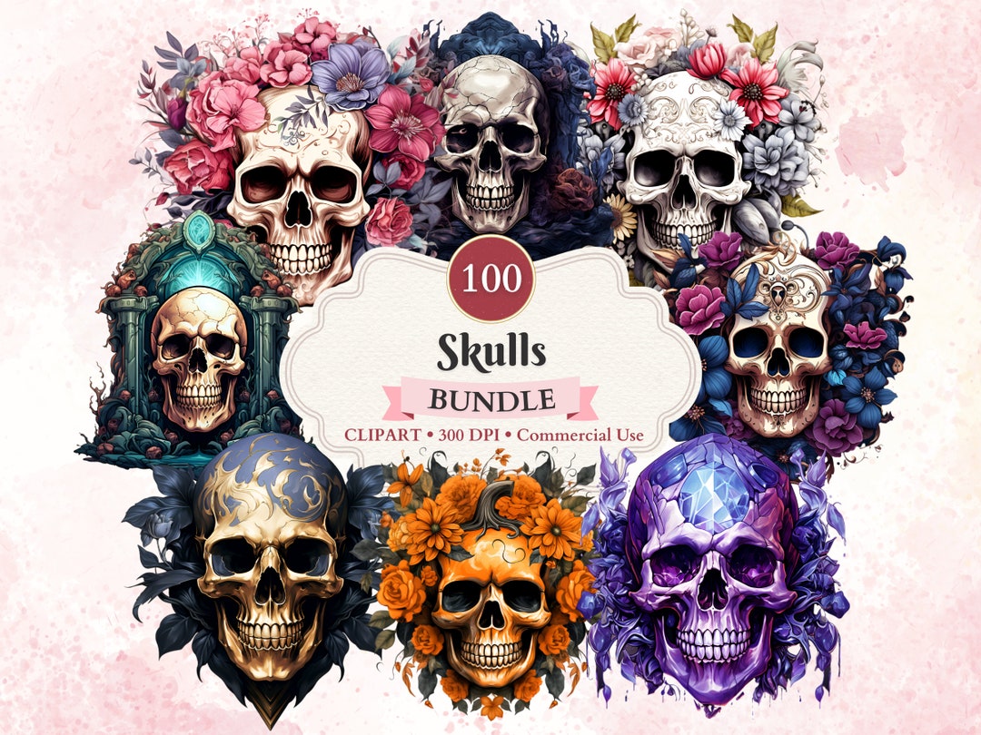 Skulls Clipart Bundle, Set, Halloween, Creepy, Spooky, Floral, Crystal ...