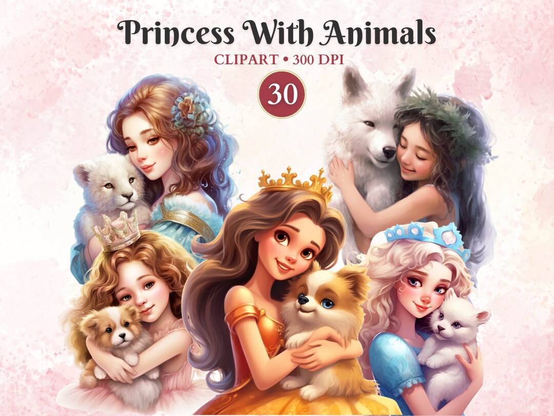 Princess With Animals Clipart Watercolor Cute Princess - Etsy