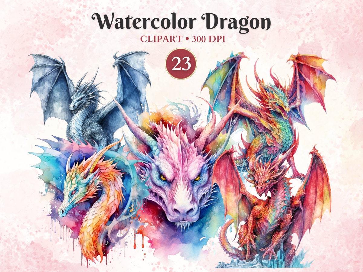 Watercolor Dragon Clipart Dragons Illustration Dragon Art - Etsy
