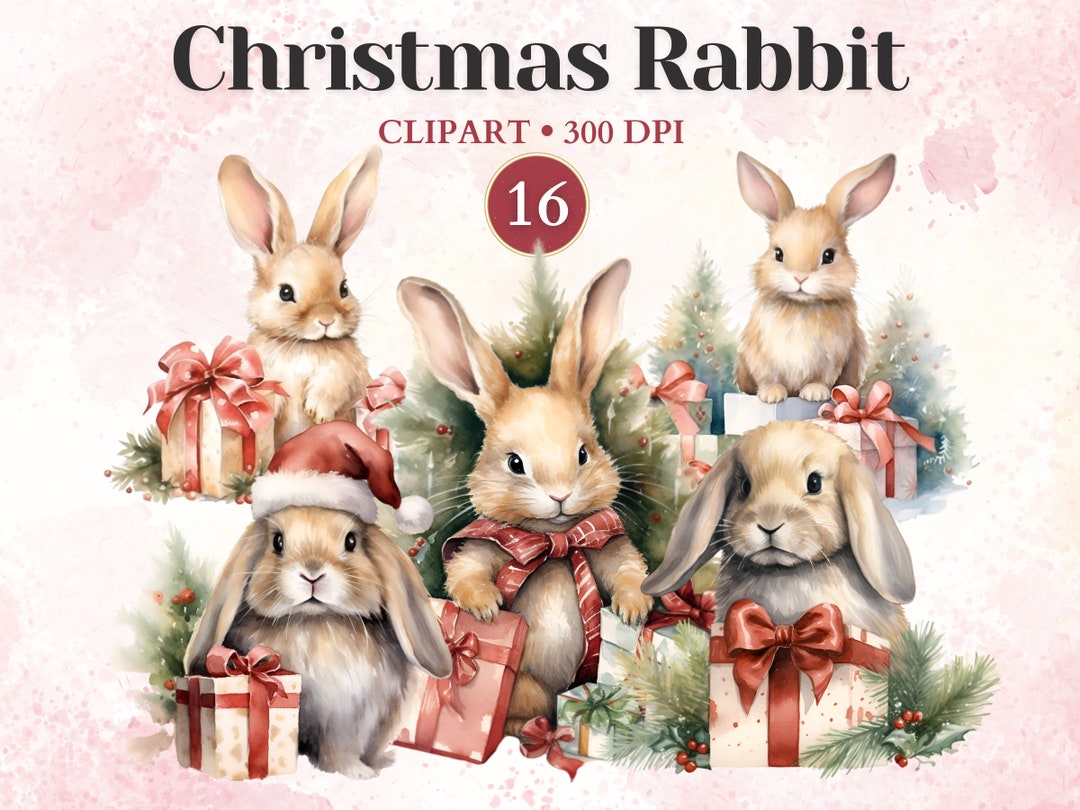 Christmas Rabbit Clipart, Watercolor Rabbit, Watercolor Bunny, Cute ...