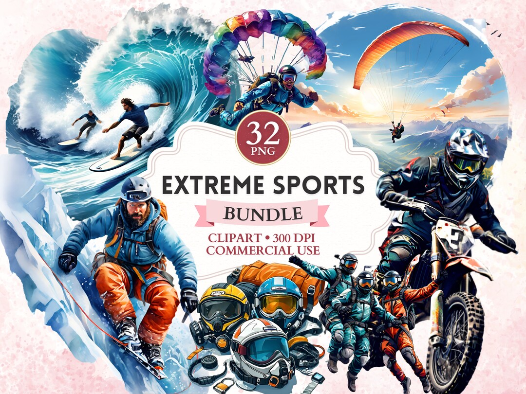 Extreme Sport Clipart Bundle, Skydiving, Climbing, Surfing, Snowboard ...