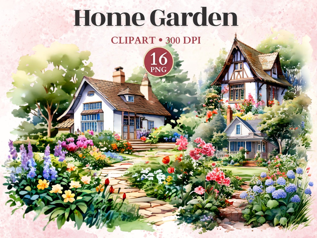 Home Garden Clipart, Fence Clip Art, Flower Field Print, Flower Vector, Gardening Tools Clipart ...