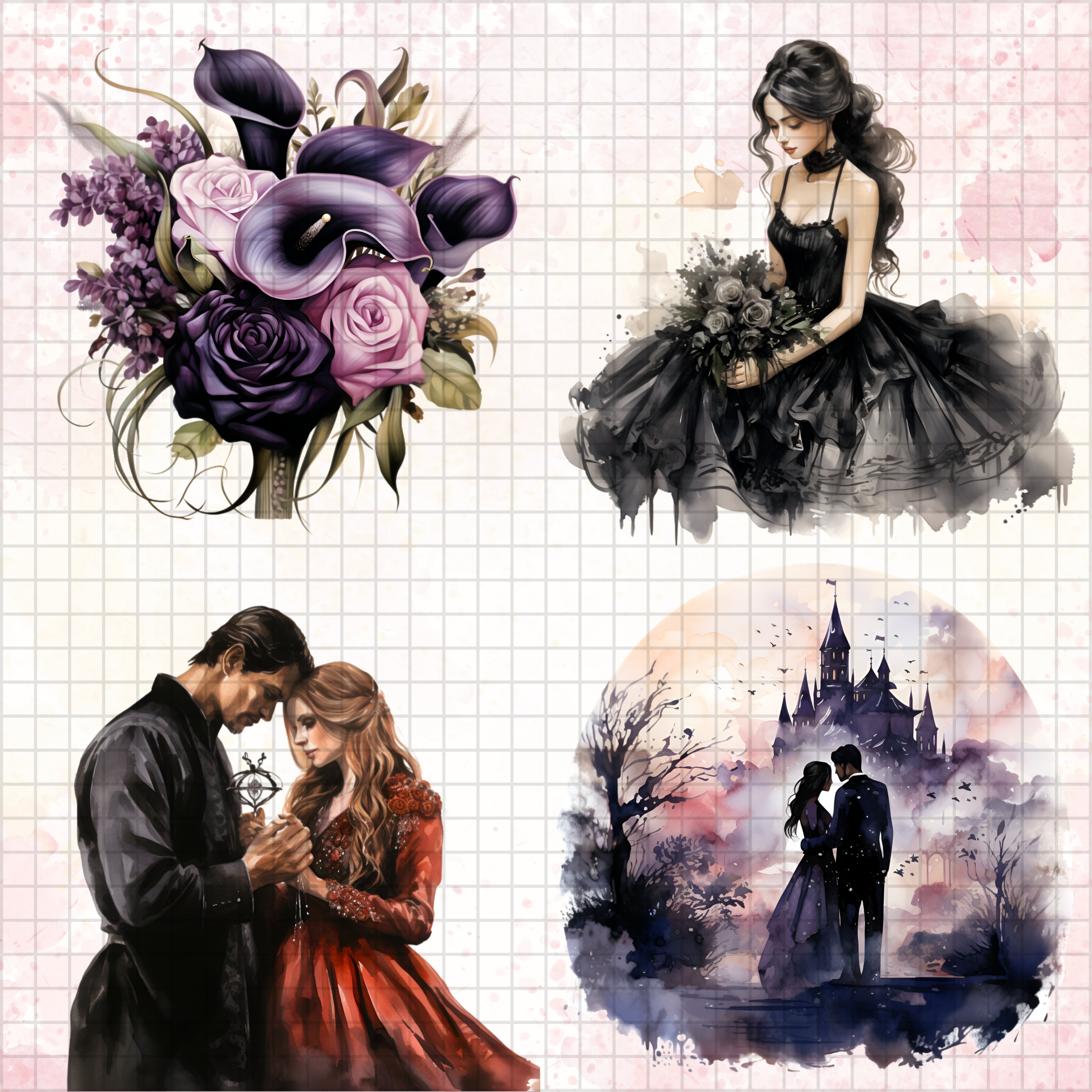 Gothic Wedding Clipart, Watercolor Gothic Bouquets, Goth Wedding PNG ...