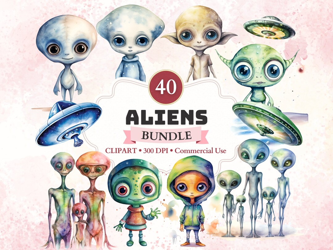 Alien Clipart, Bundle, Watercolor, Space, Galaxy Clipart, Cute, Martian ...