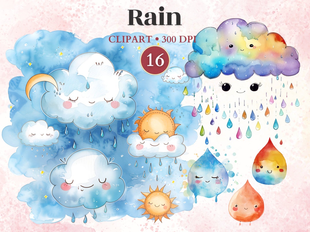 Rain Clipart, Rainy Day, Cloud Watercolor, Kawaii Weather, Cloud Png ...