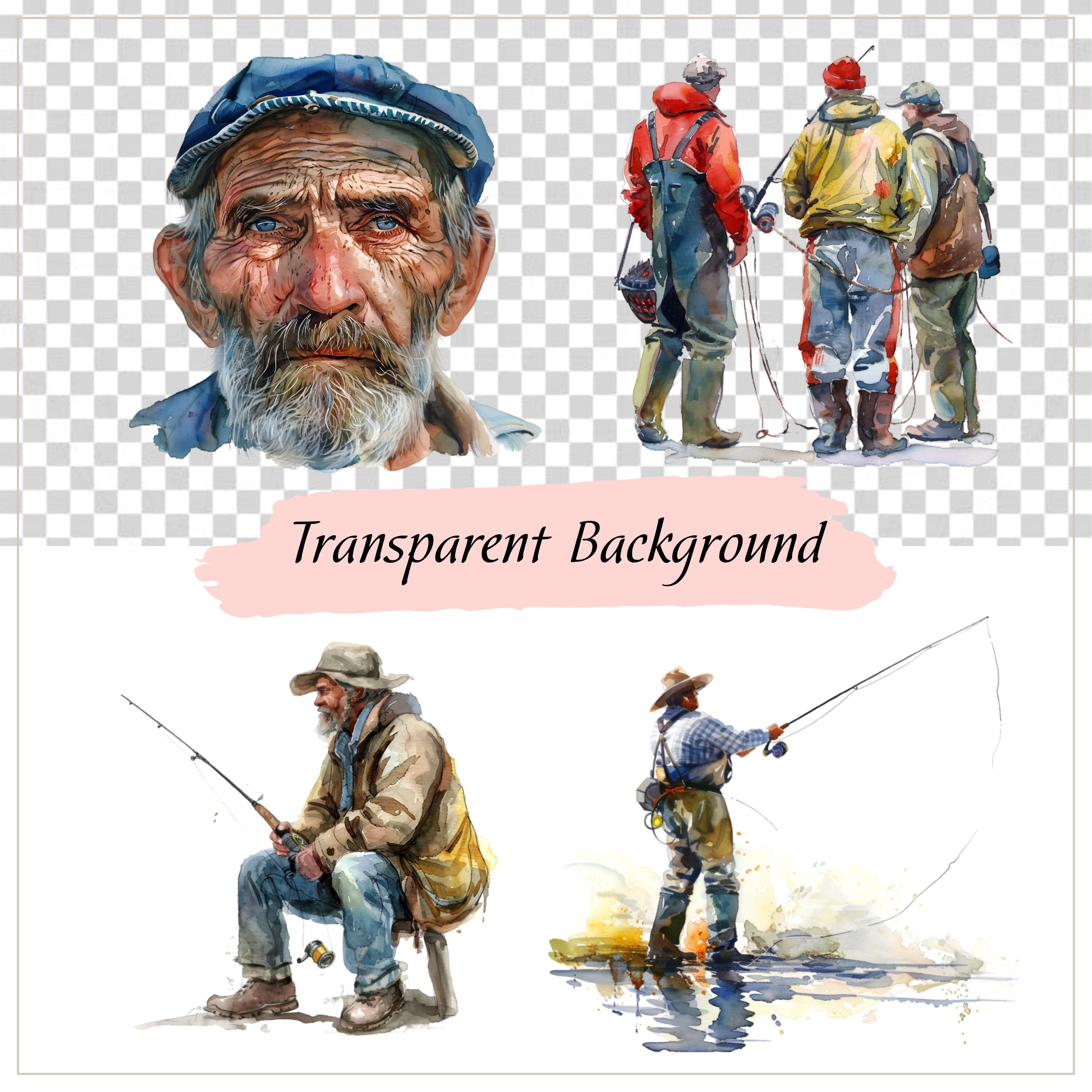 Fisherman Clipart, Fishing Clipart, Fishing Watercolor, Sport Graphics ...