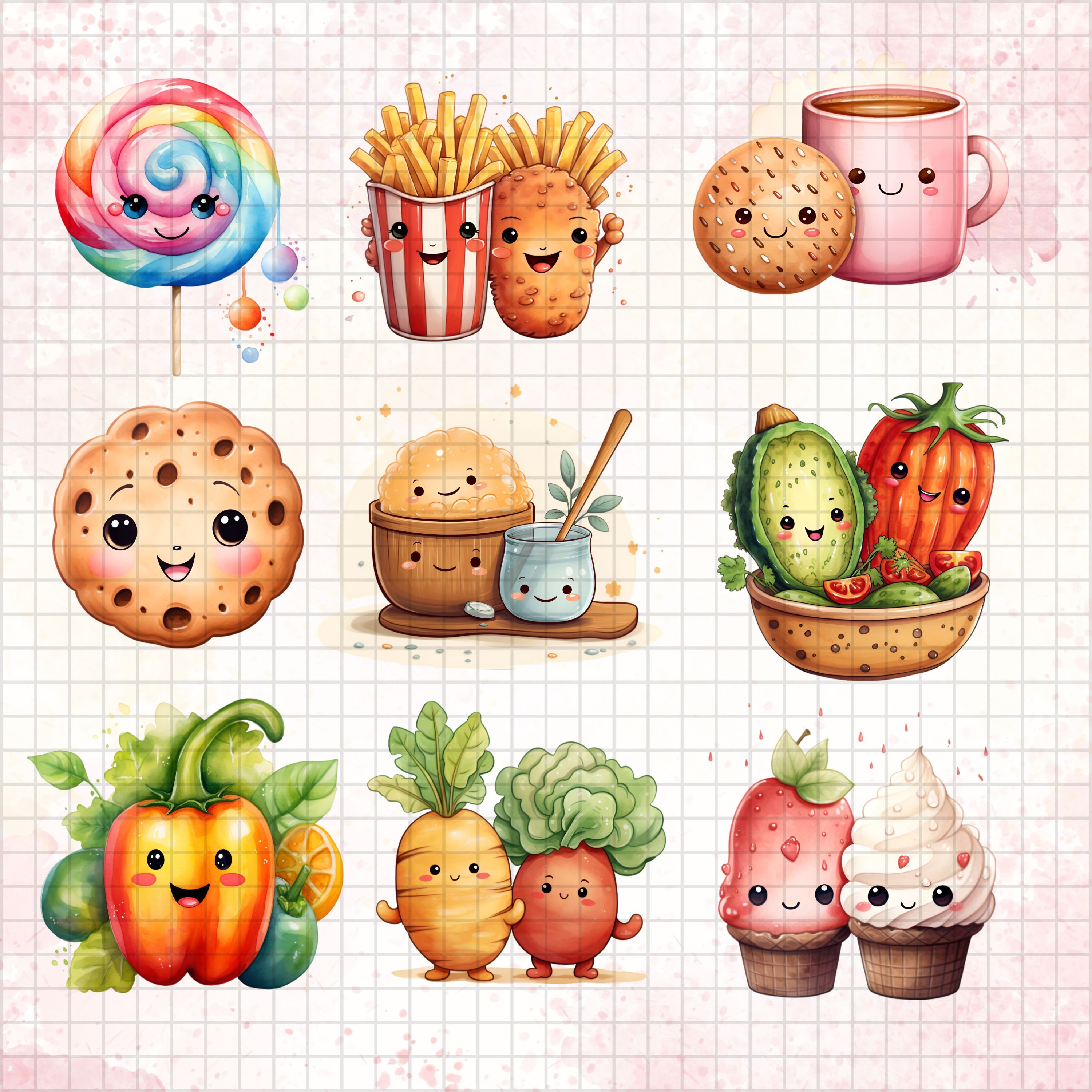 Kawaii Food Clipart Bundle, Set, Watercolor, Cute Food, Couple, Baking ...