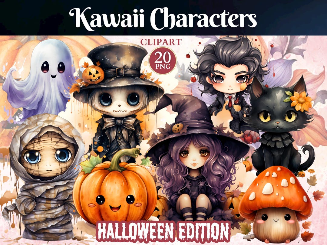 Kawaii Characters Clipart, Watercolor Halloween Clipart Png, Spooky ...