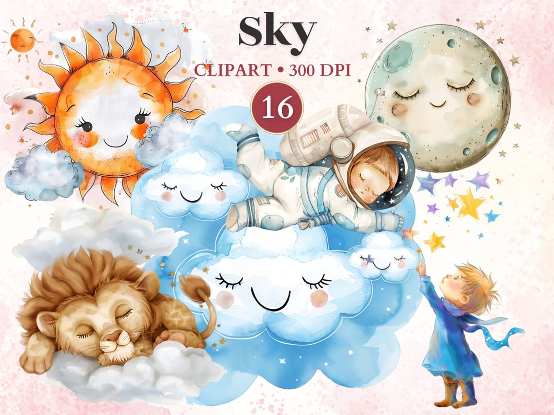 Sky Clipart, Cloud and Stars, Watercolor Sky, Kawaii Weather, Cute Sun ...