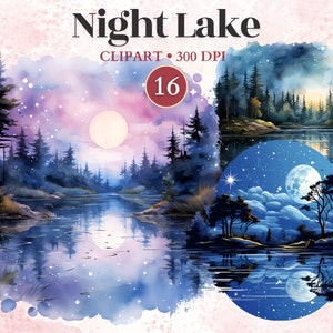 Night Lake Clipart, Mountain Vector, Forest Graphics, Lake Vector ...