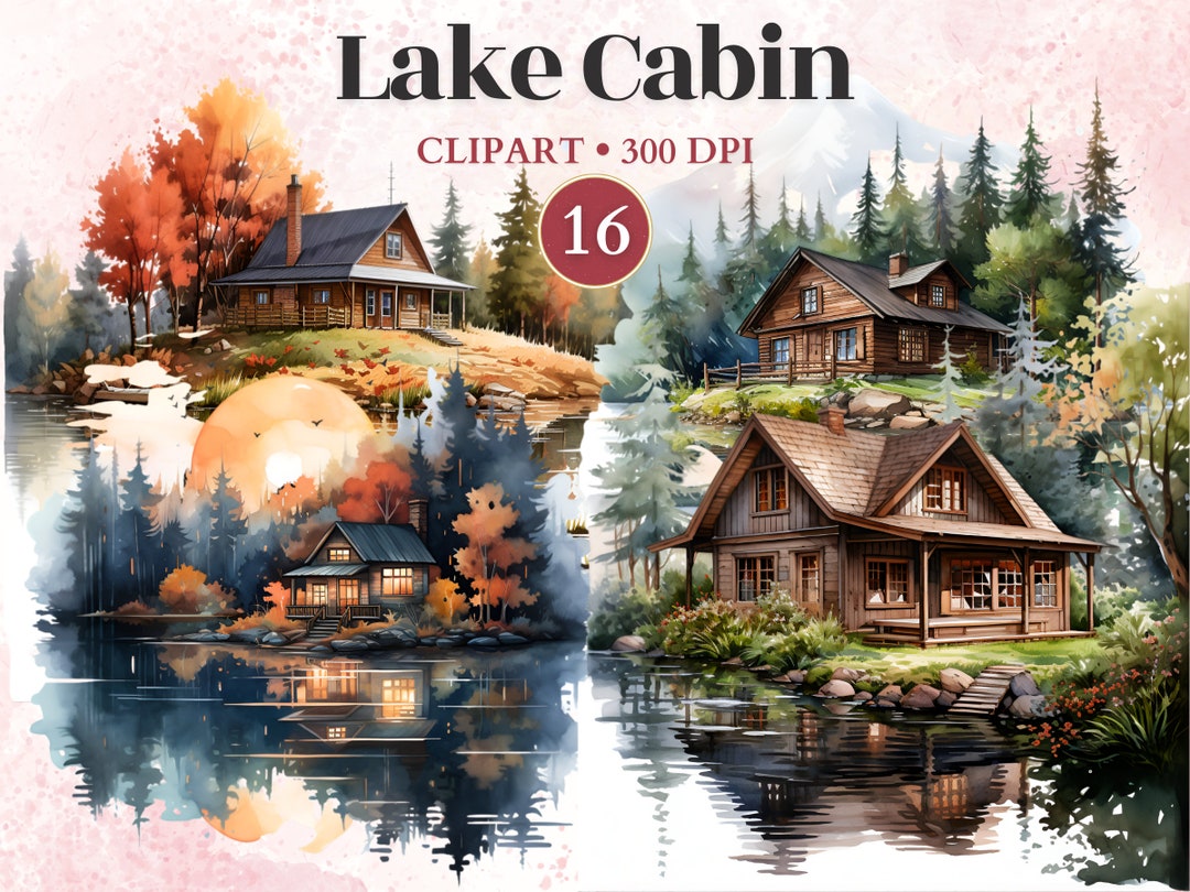 Lake Cabin Clipart, Mountain Vector, Forest Graphics, Lake Vector ...