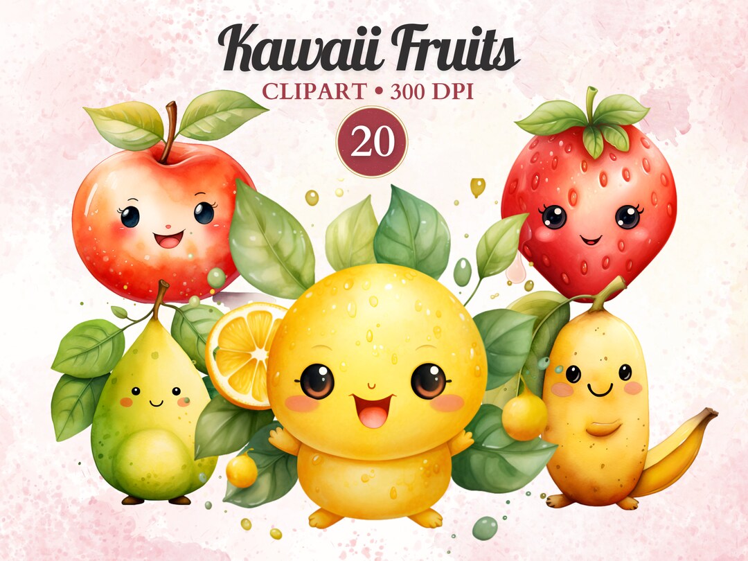 Kawaii Fruits Clipart, Watercolor, Kawaii Food Clipart Set, Cute Food ...