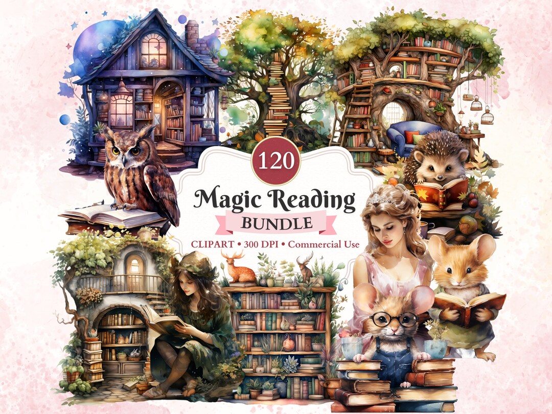 Magic Reading Clipart Bundle, Book Lovers, Magic Books Clipart, Reading ...