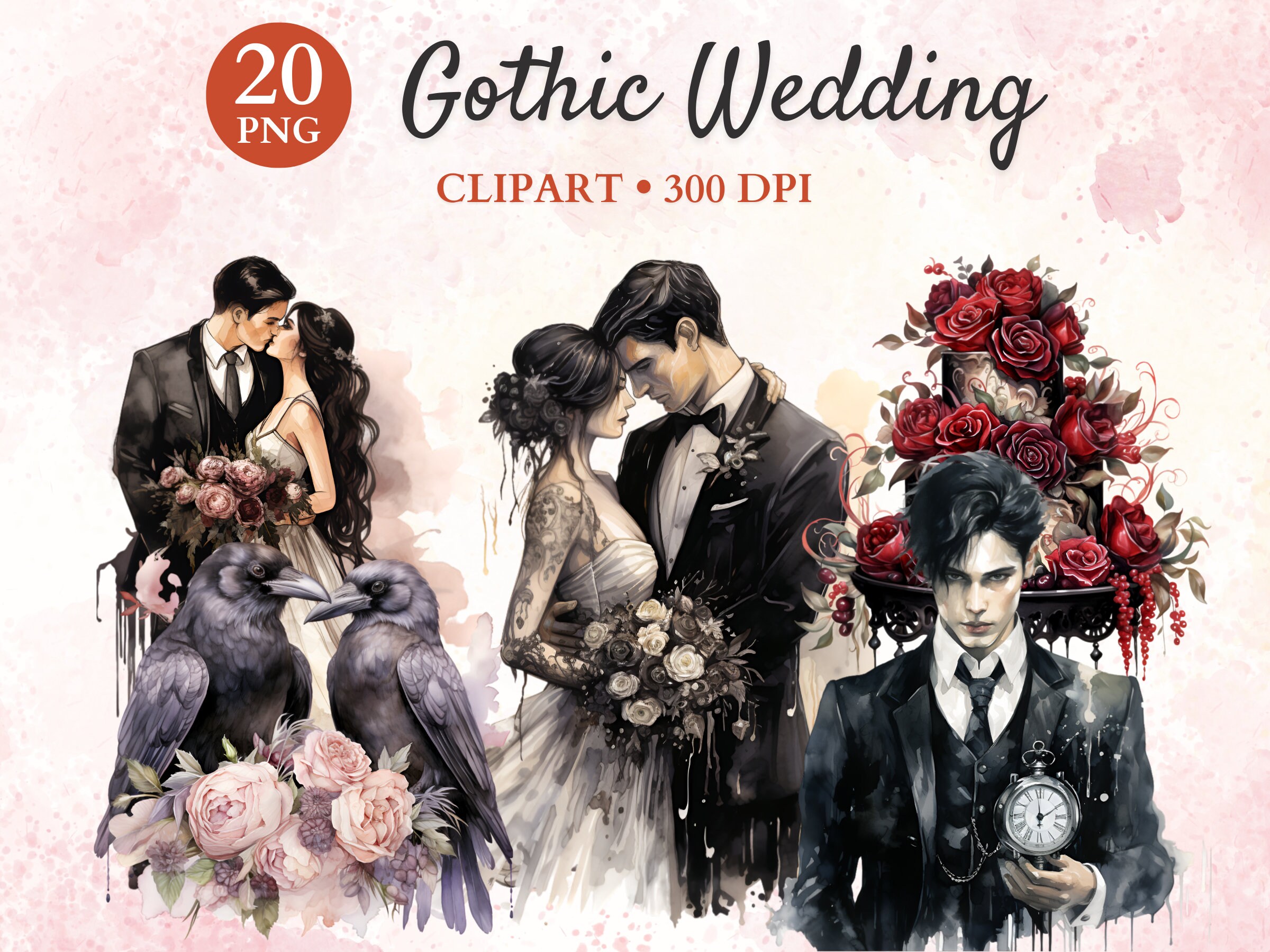 Gothic Wedding Clipart, Watercolor Gothic Bouquets, Goth Wedding PNG ...