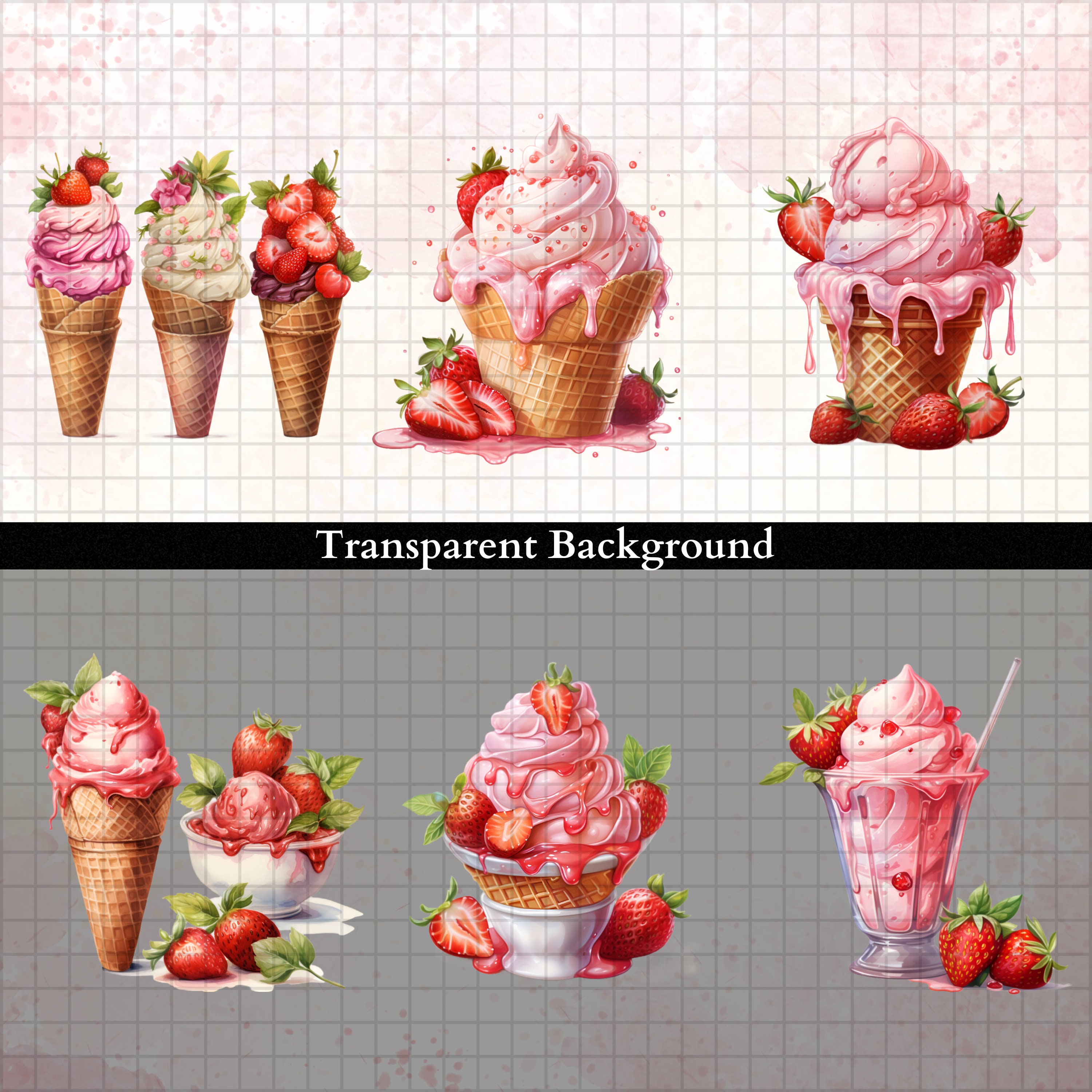 Strawberry Ice Cream Clipart, Ice Cream Cone, Dessert Set, Delicious ...