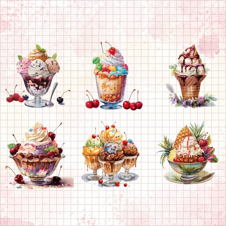 Watercolor Ice Cream Clipart: Summer Dessert PNG Graphics (instant ...