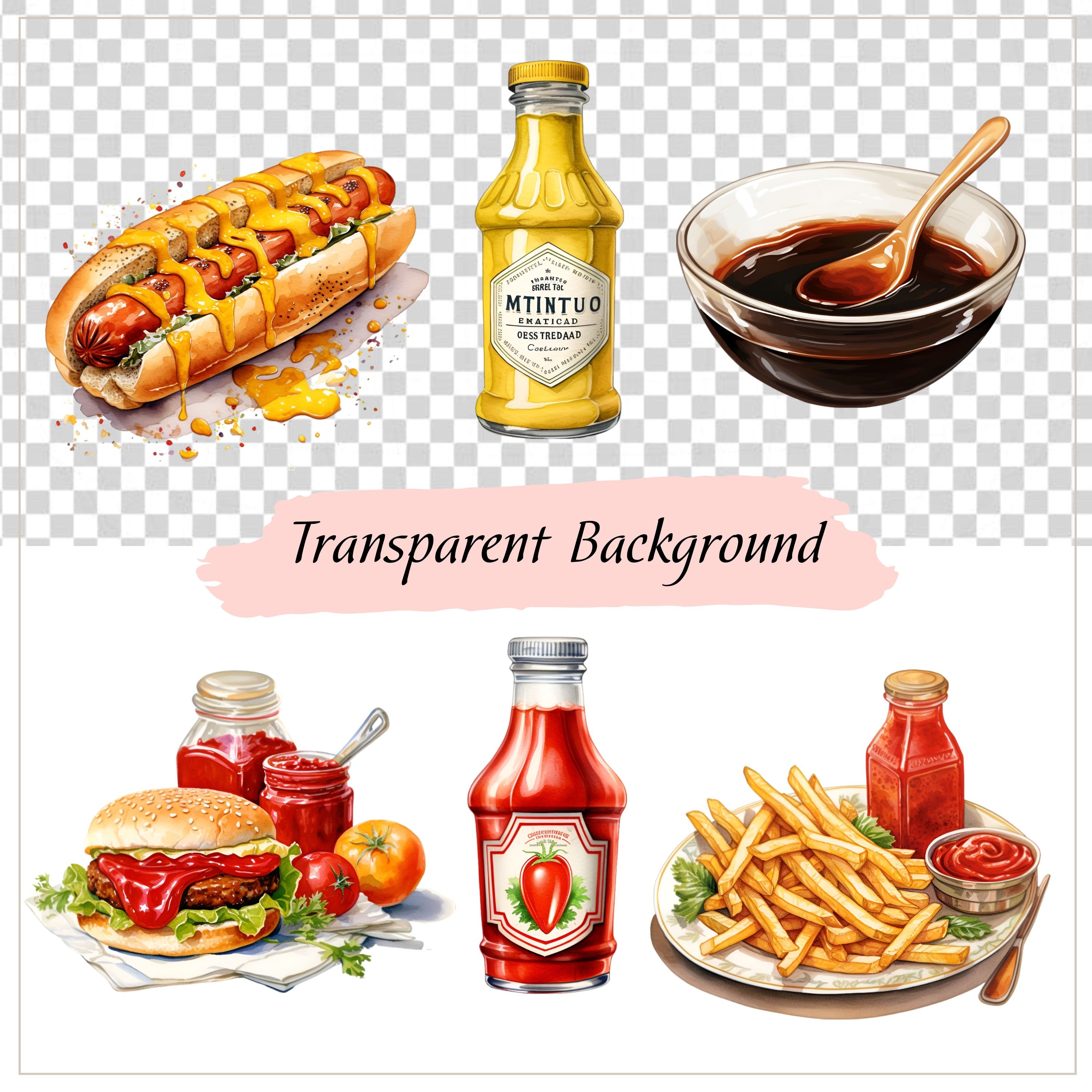 Sauce Clipart, Bundle, Ketchup, Mustard, Soy Sauce, Hamburger, Bbq, Hot ...