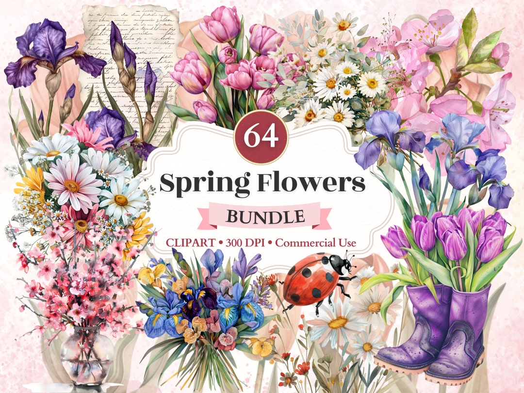 Spring Flowers Clipart Bundle, Floral Pink Clipart, Springtime Graphics ...