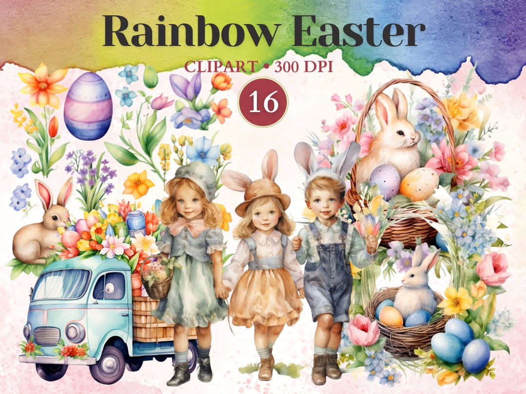 Rainbow Easter Clipart, Watercolor Rabbit, Chick Clipart, Spring ...