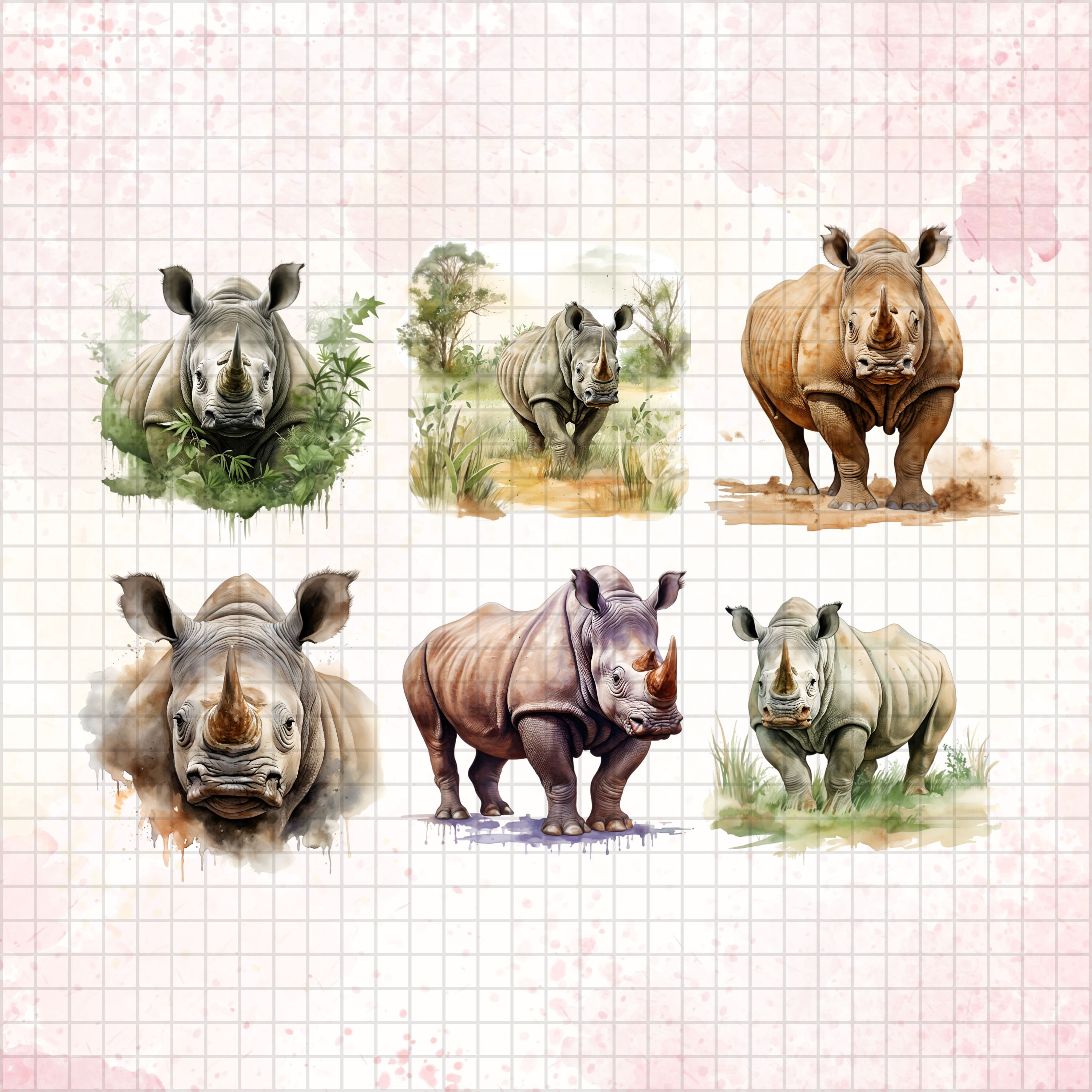 Rhino Clipart, Watercolor Safari Clipart, Rhino Png, Safari Animals ...