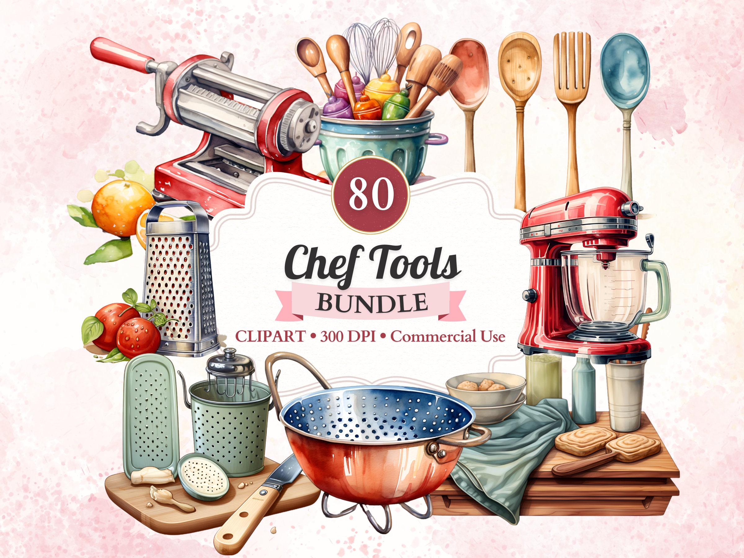 Chef Tools Clipart Bundle, Set, Watercolor, Cooking Tools Clipart ...