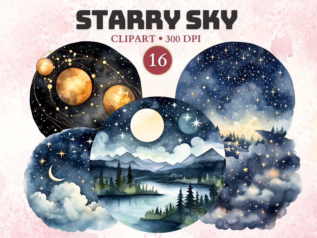 Starry Sky Clipart, Watercolor, Starry Night Sky, Space Clipart, Star ...