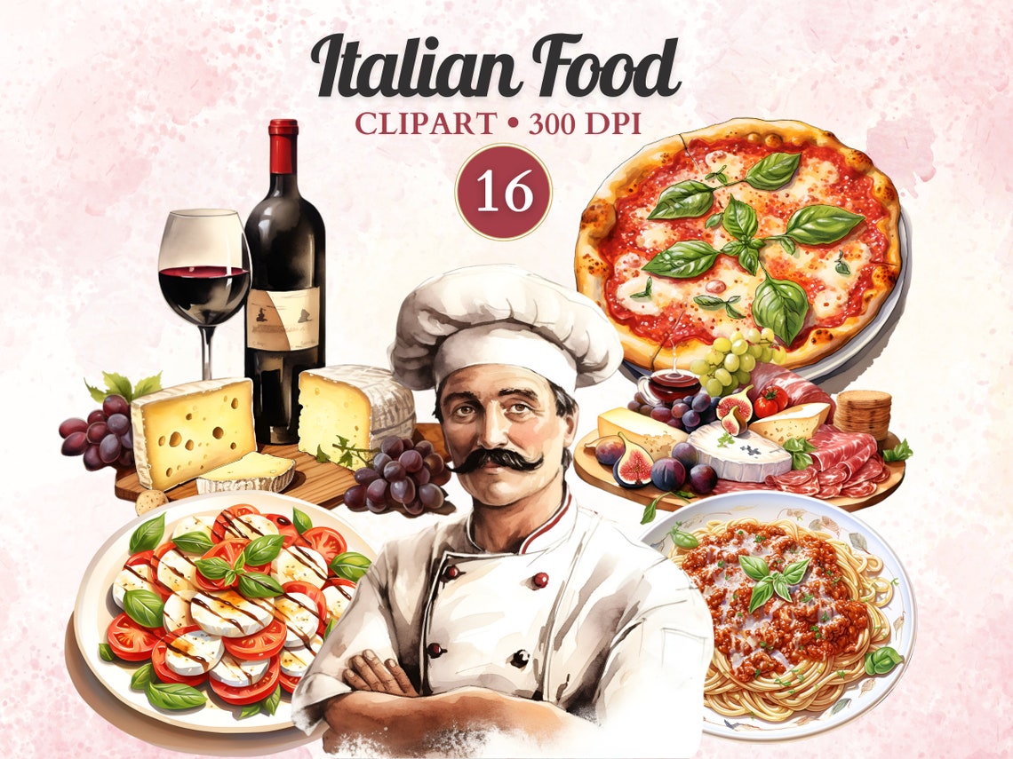 Italian Food Clipart, Pasta Clipart, Spaghetti, Wine and Cheese, Pizza ...