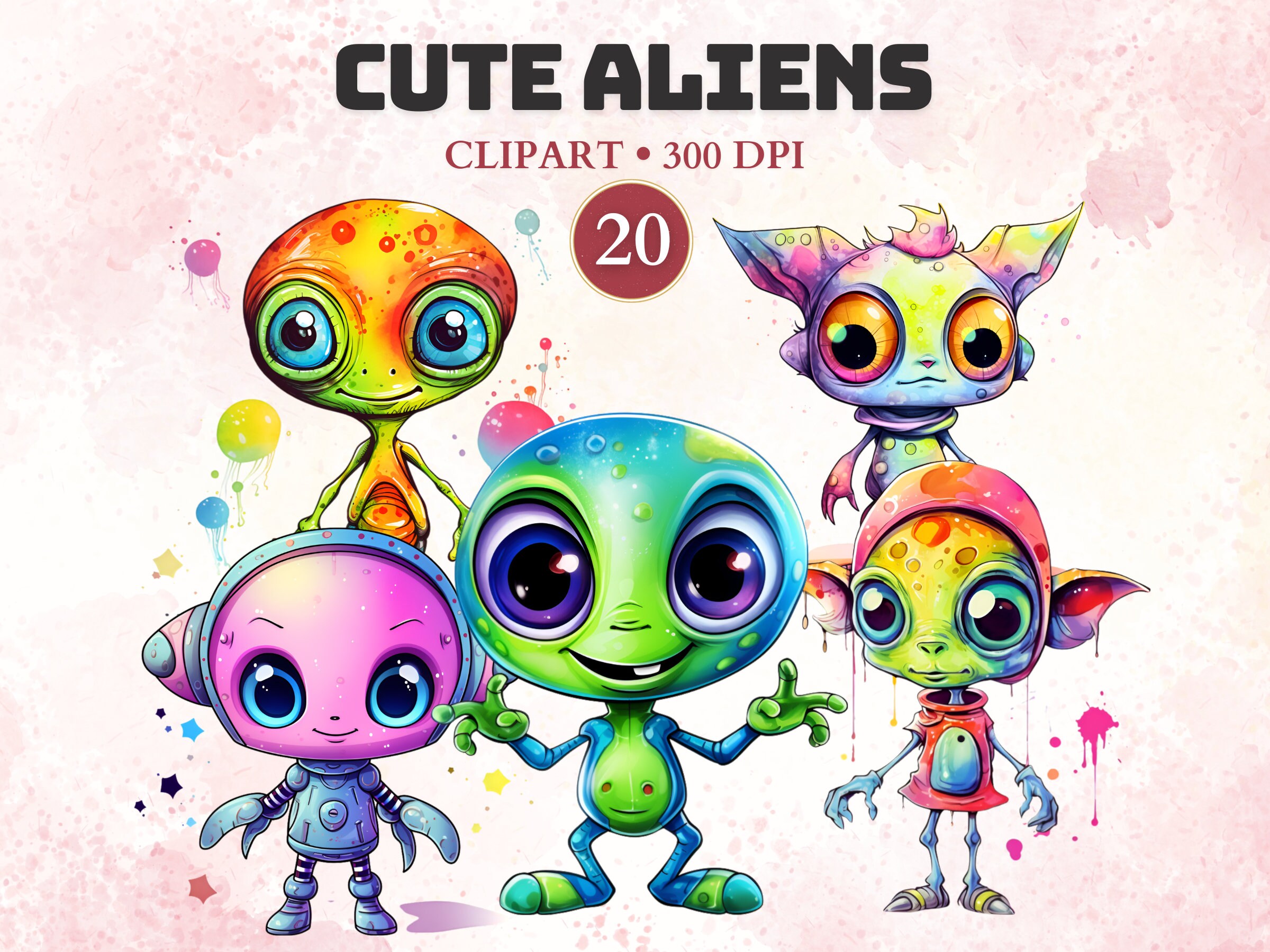 Cute Aliens Clipart, Watercolor, Kawaii, Cute Space, Galaxy Clipart ...