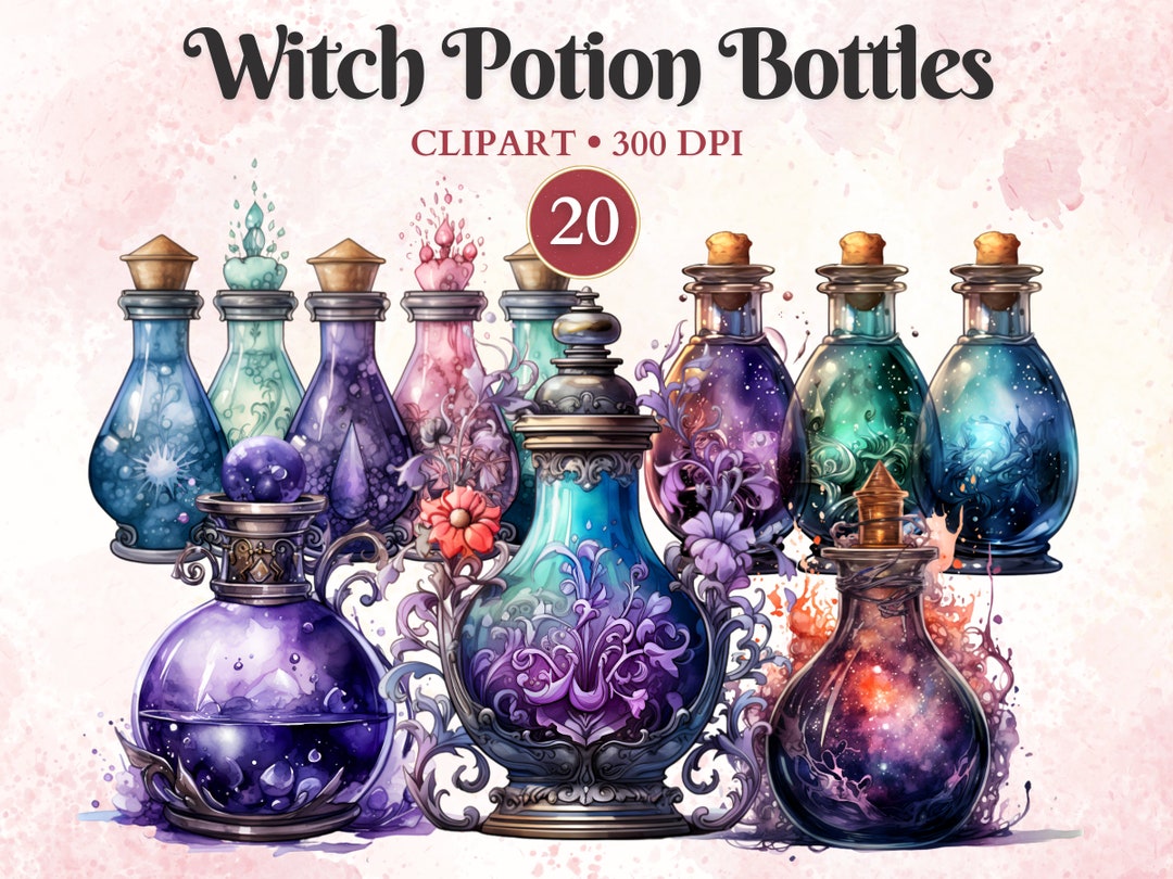 Witch Potion Bottles Clipart, Watercolor, Sorcery Clipart, Witchcraft ...