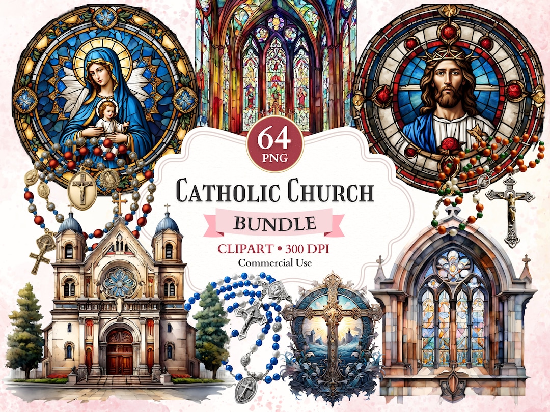 Catholic Church Clipart Bundle, Church Png, Stained Glass, Rosary ...