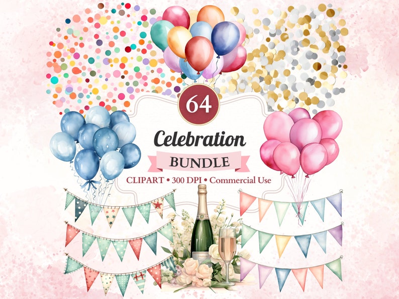 Celebration Clipart Bundle Champagne Balloon Confetti - Etsy
