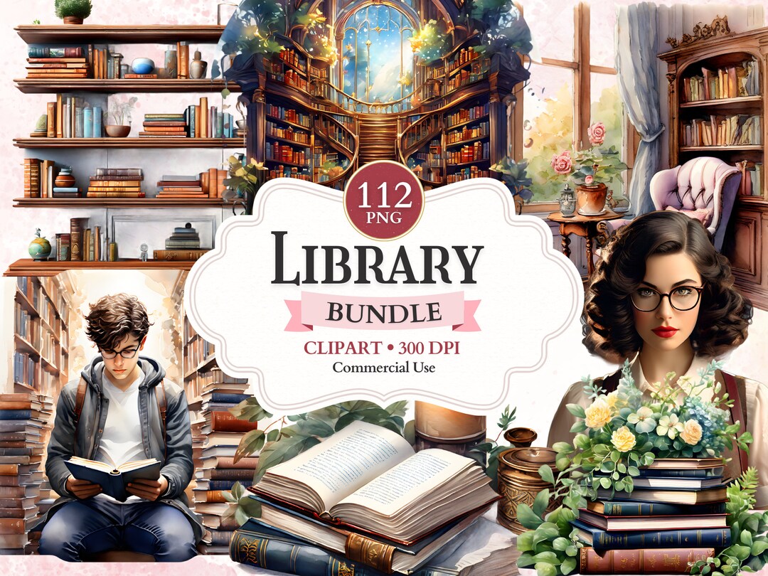Library Clipart Bundle, Book Clipart, Book Worm, Bookish Png, Study Png ...