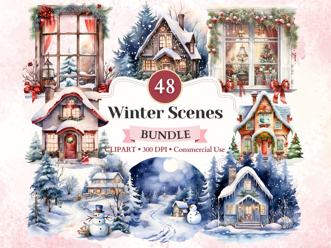 Winter Scenes Clipart Bundle, Merry Xmas Png, Winter Clipart, Snowy ...