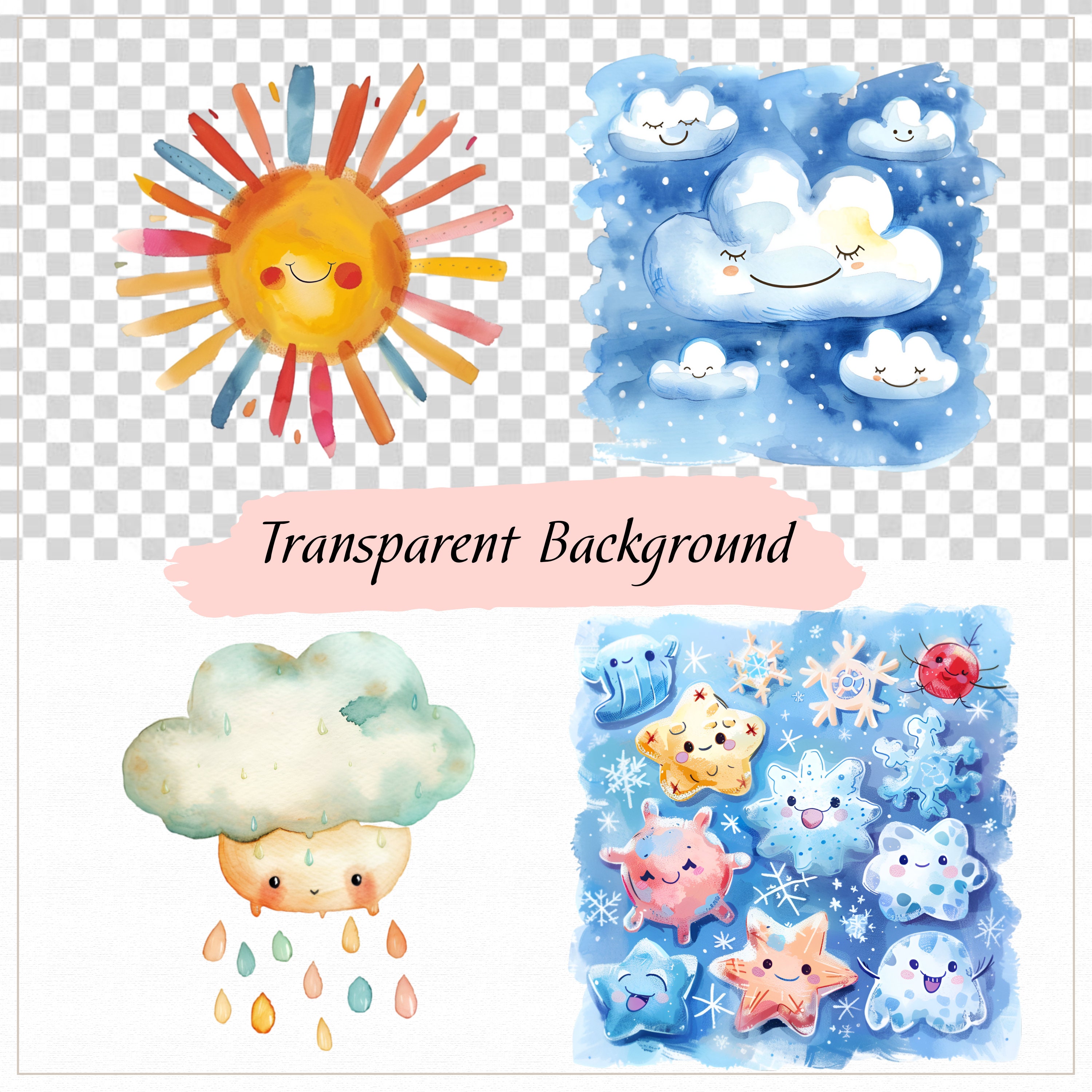 Weather Clipart Bundle, Sky Background, Kawaii Weather, Rainy Day ...