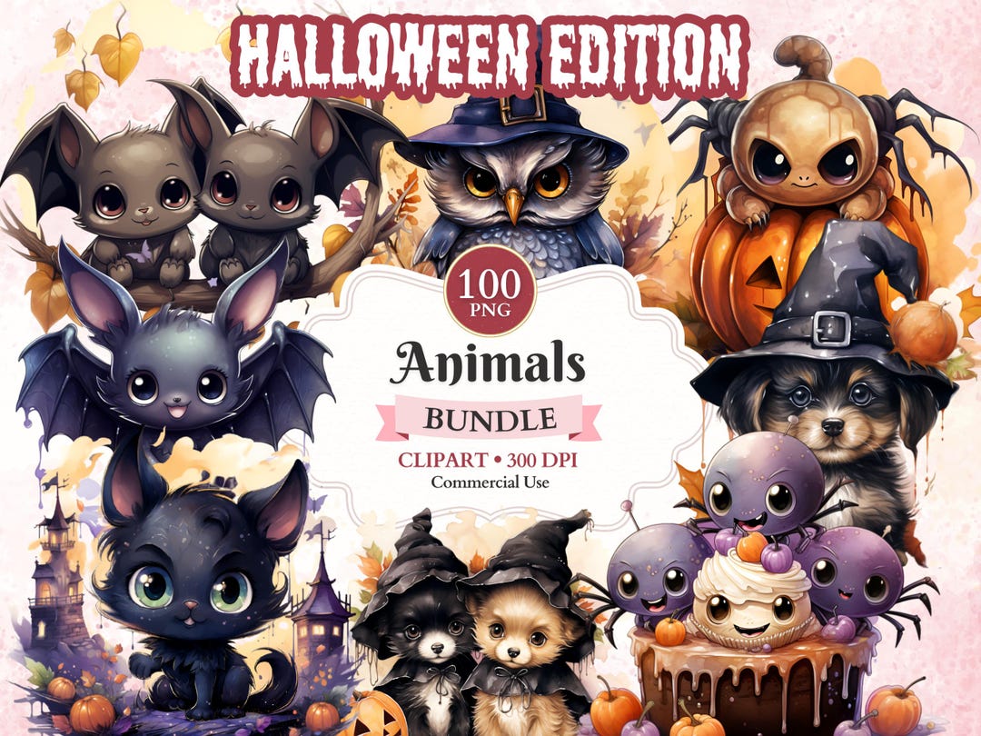 Kawaii Animals Clipart, Bundle, Halloween Clipart, Cute Animals Png ...
