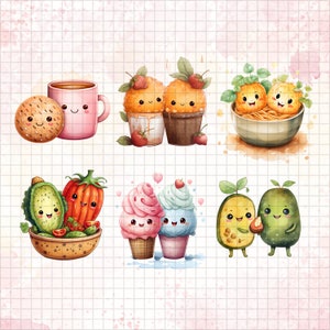 Kawaii Food Couple Clipart, Watercolor, Kawaii Food Clipart Set, Cute ...