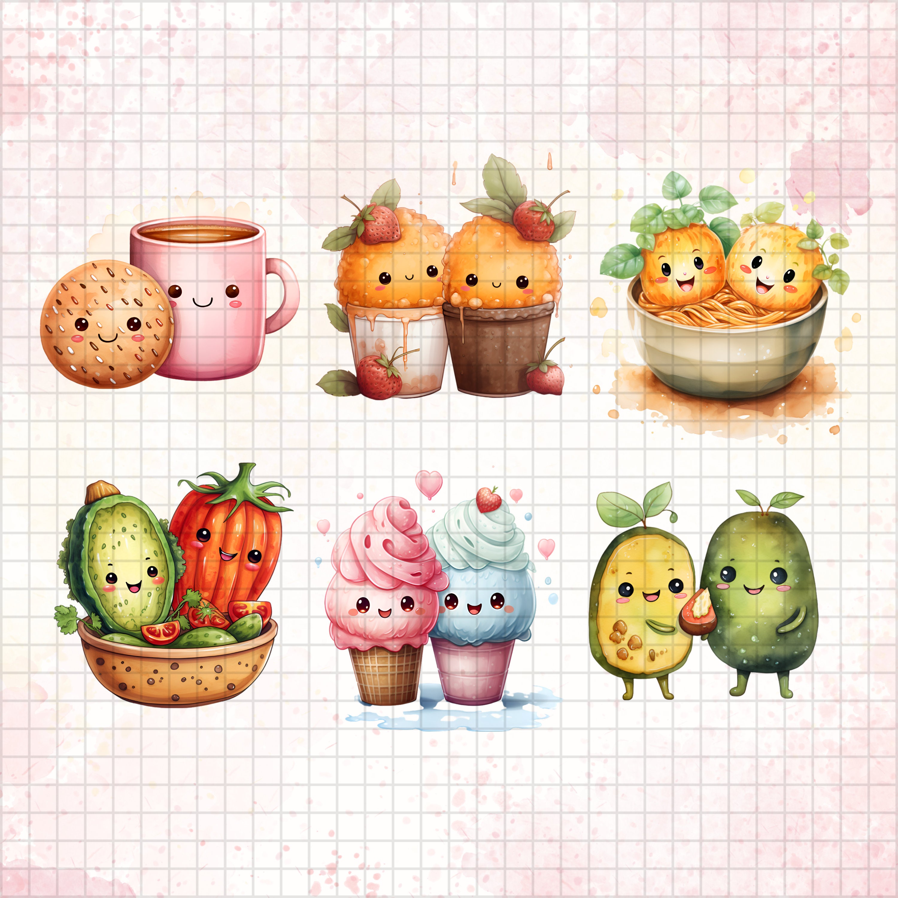 Kawaii Food Couple Clipart, Watercolor, Kawaii Food Clipart Set, Cute ...