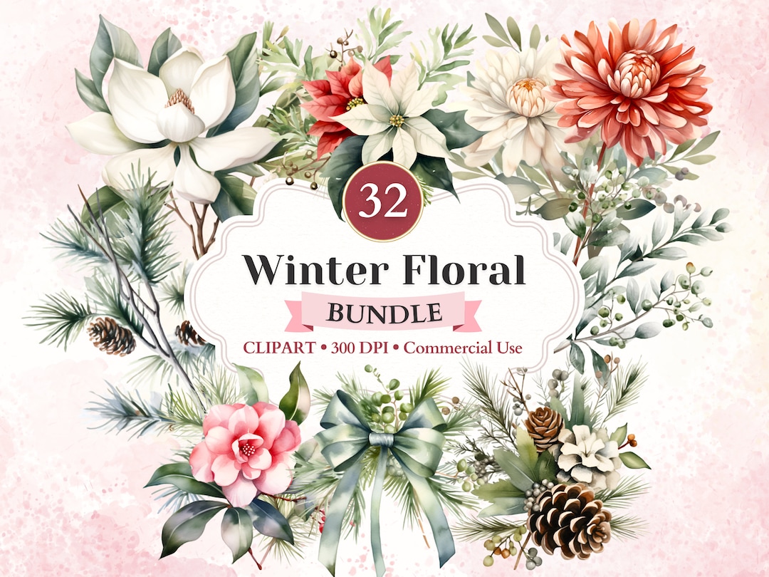 Winter Floral Clipart Bundle, Winter Flower, Frozen Flower, Greenery ...