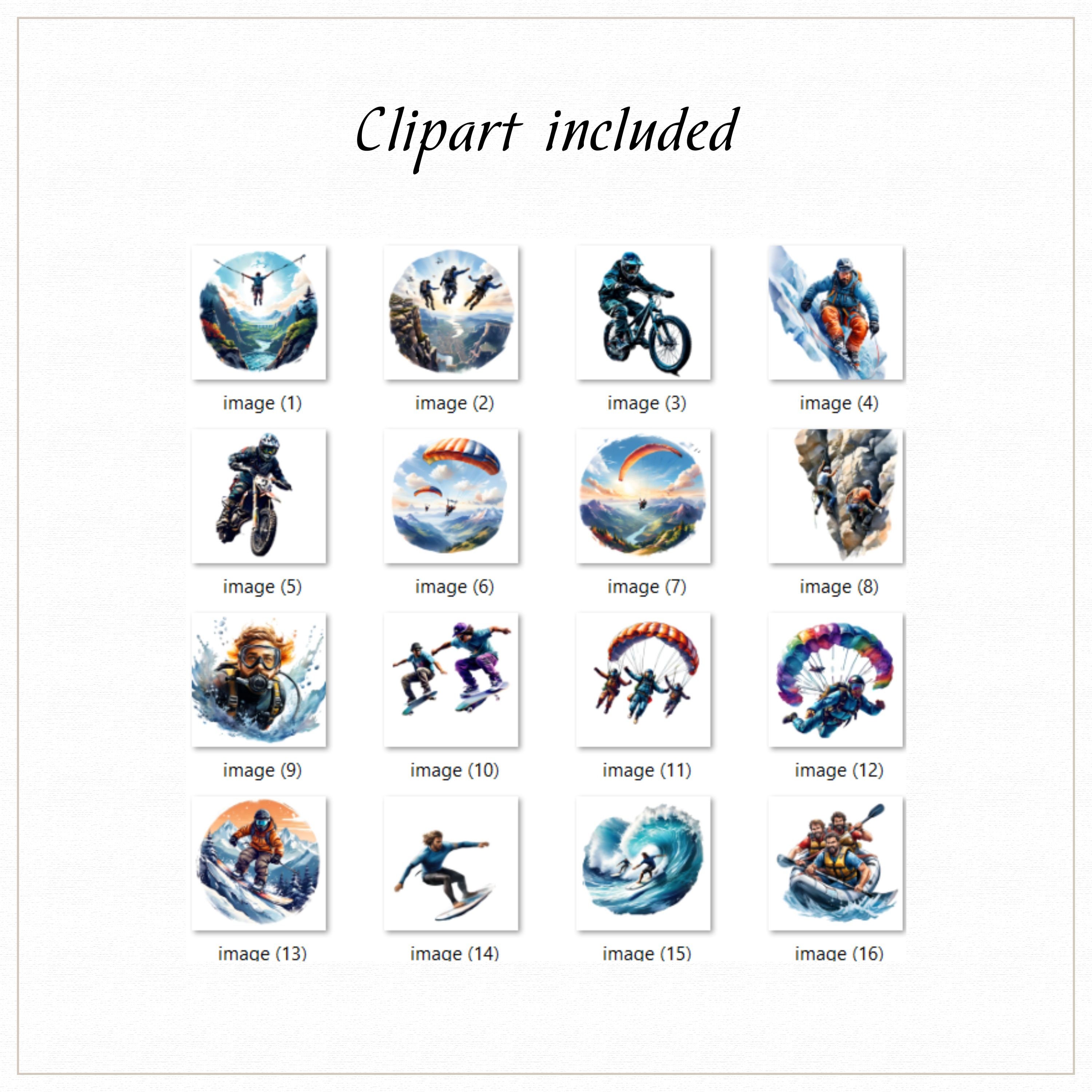Extreme Sport Clipart, Skydiving, Diving, Climbing, Surfing, Snowboard ...