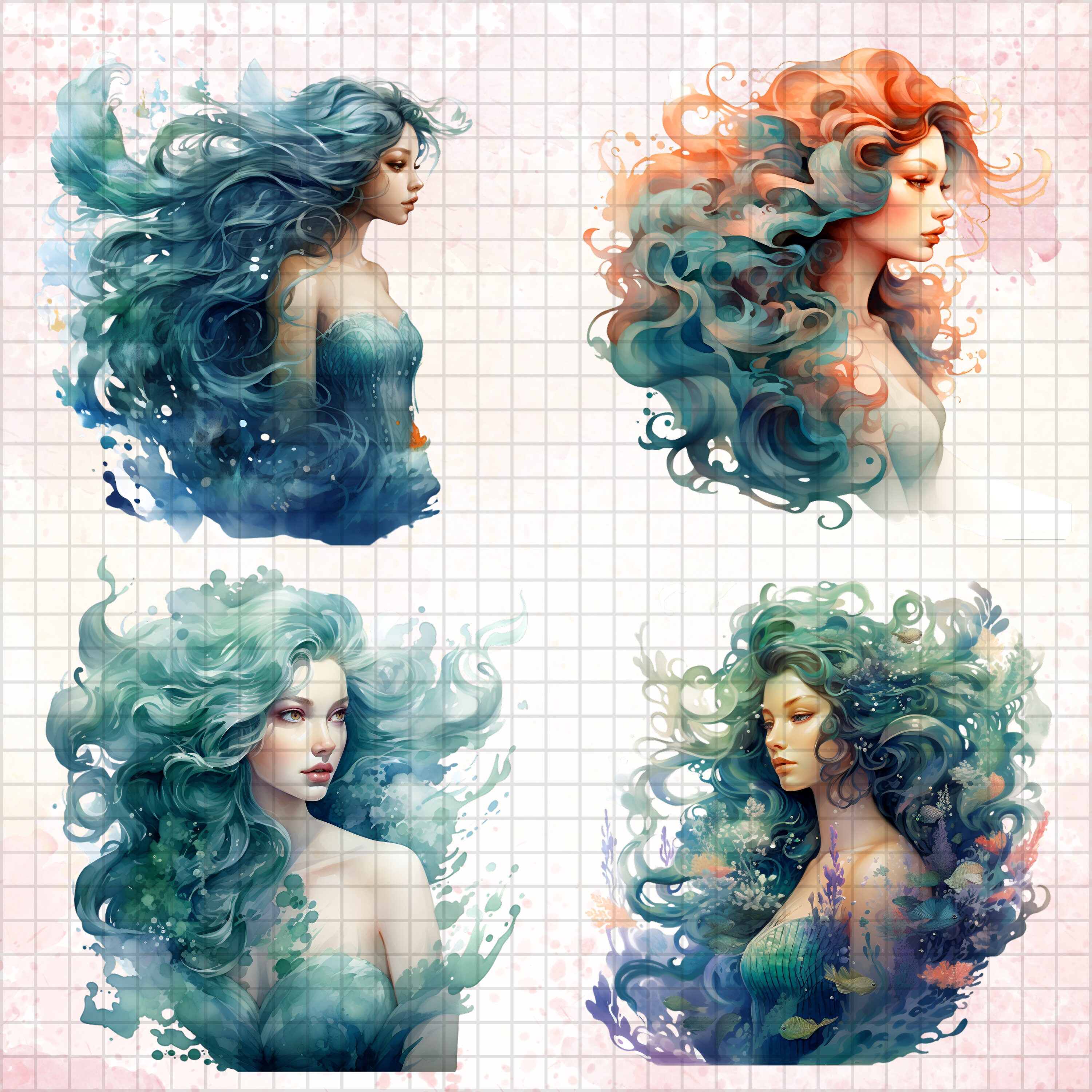 Pastel Mermaid Clipart, Watercolor Fantasy Mermaid, Sea Fairy ...