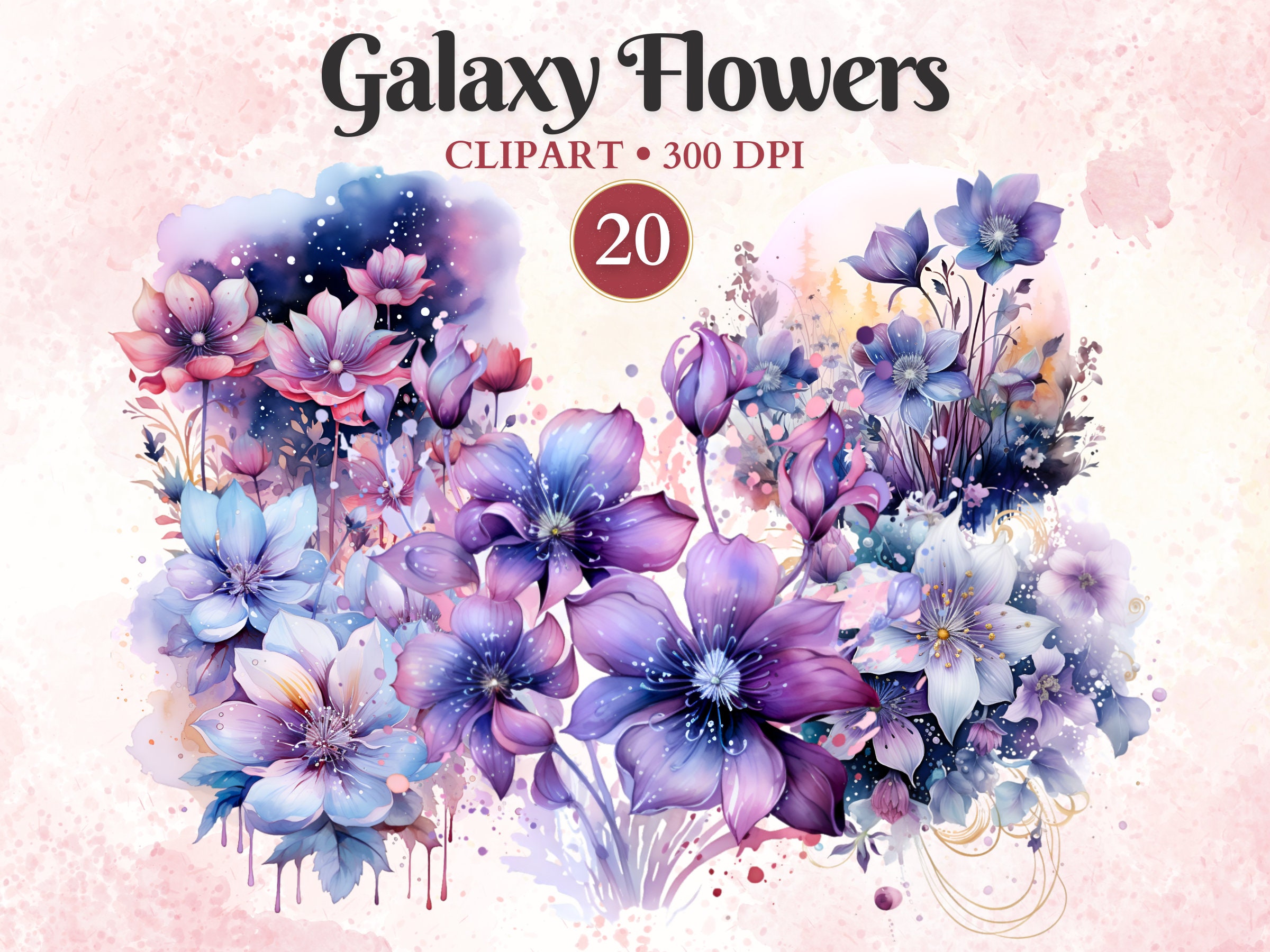 Galaxy Flowers Clipart Watercolor Flowers Magic Galaxy - Etsy