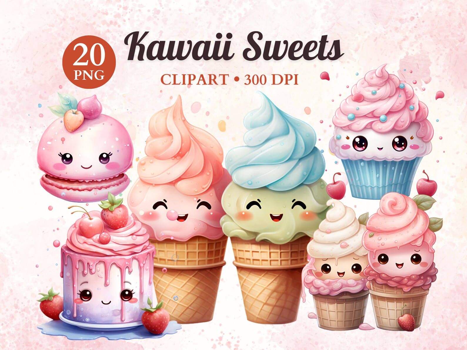 Kawaii Sweets Clipart Watercolor Kawaii Food Clipart Set - Etsy