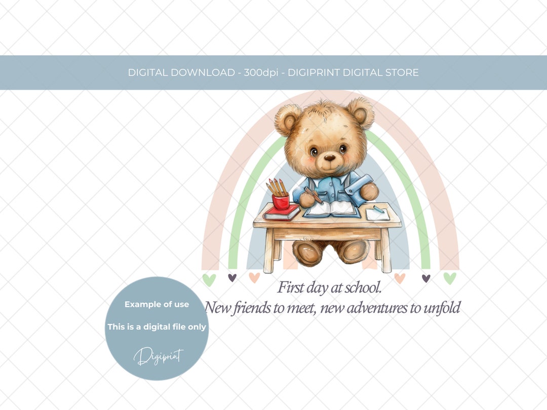 First Day of School Bear PNG: Rainbow Sublimation Design (digital ...