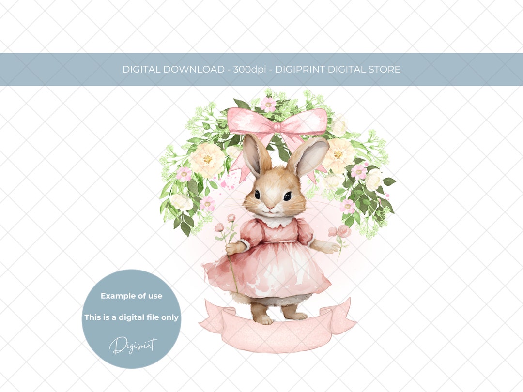 Pink Easter Bunny Floral Wreath Design, Watercolour Sublimation PNG ...