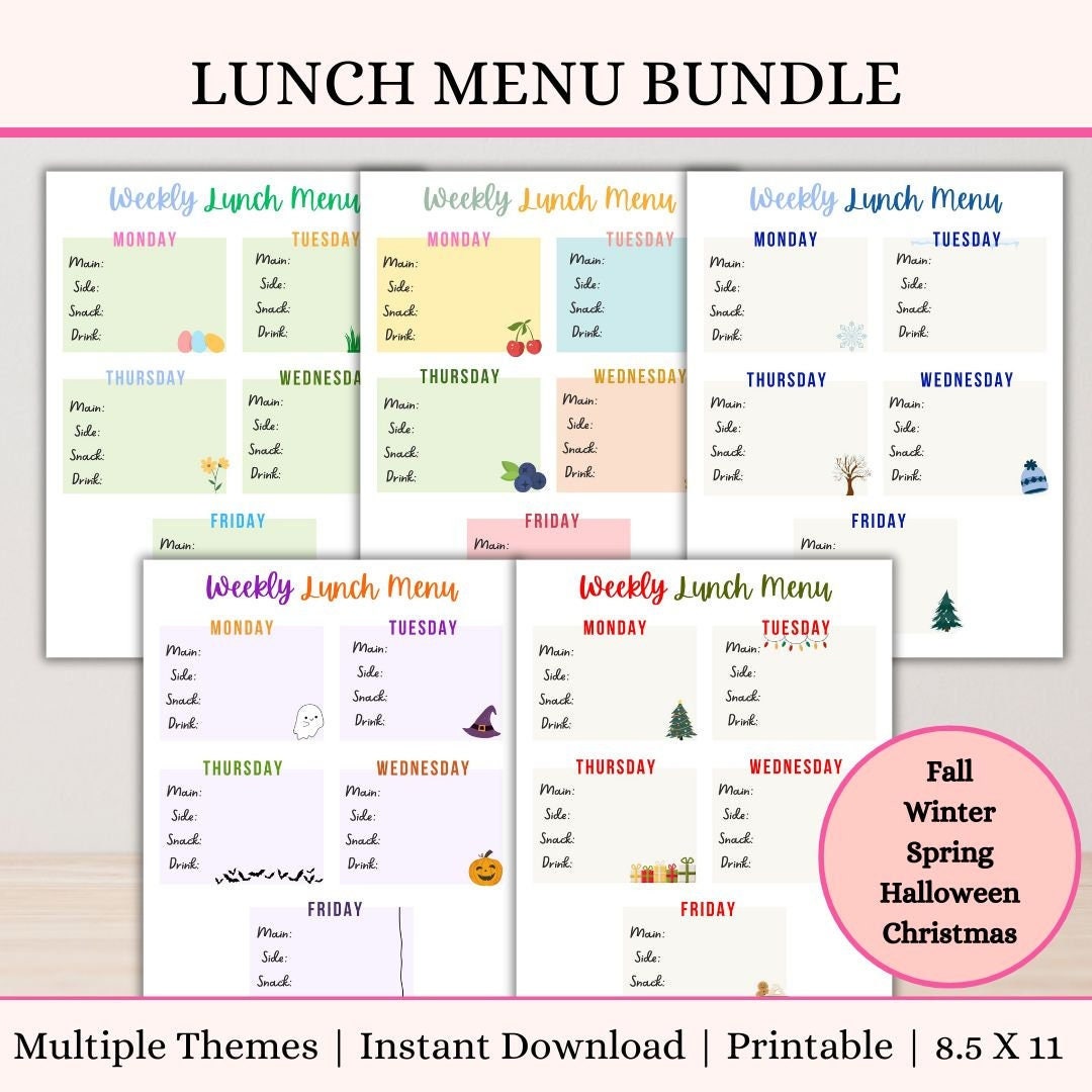 School Lunch Menu, School Lunch Planner, Printable Kids Lunch Menu ...