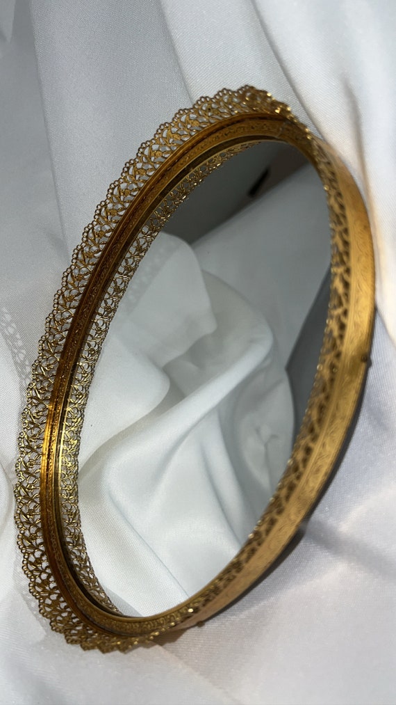 vintage gold lace filigree vanity glass perfume tray - Gem